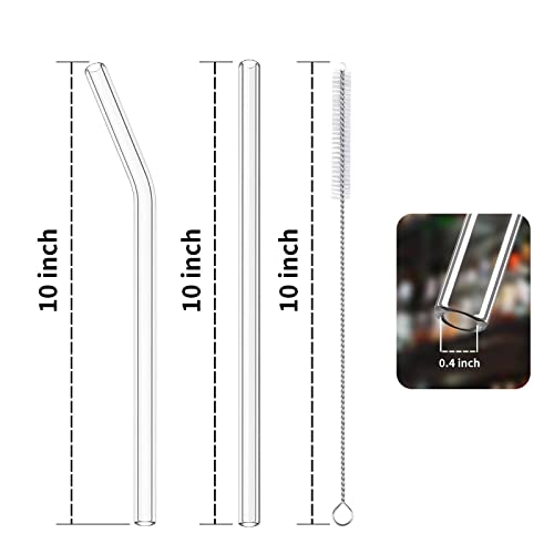 Elyum 8 Pack Reusable Glass Straws, 10'' x 10mm Clear Drinking Straws with 2 Cleaning Brushes Portable Glass Straws for Smoothies Tea Juice Wine (4 Straight + 4 Bent)