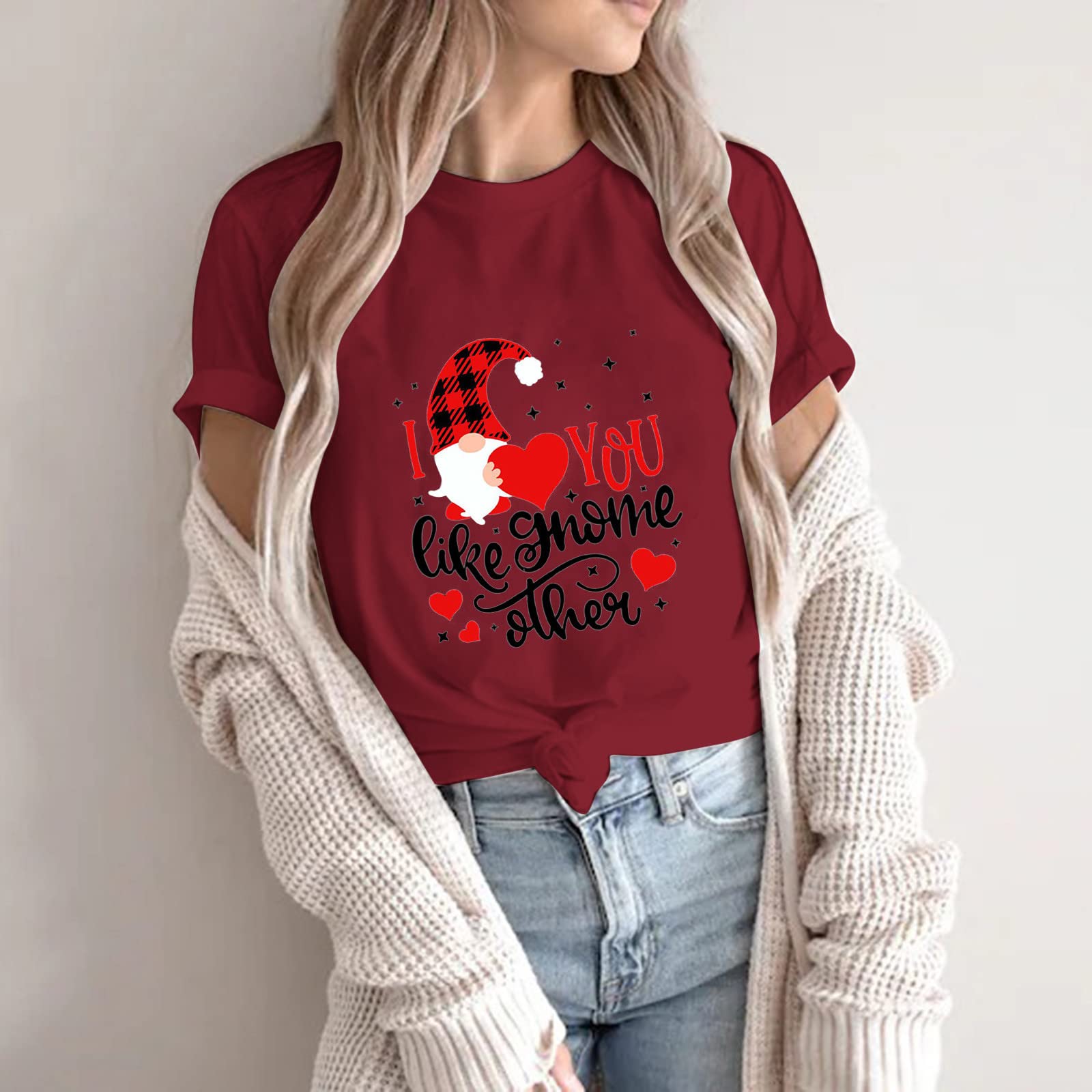 Cute Chic Love Heart Valentine's Day Tops Causal Loose Fit T Shirts O-Neck Short Sleeves Letters Graphic Blouse