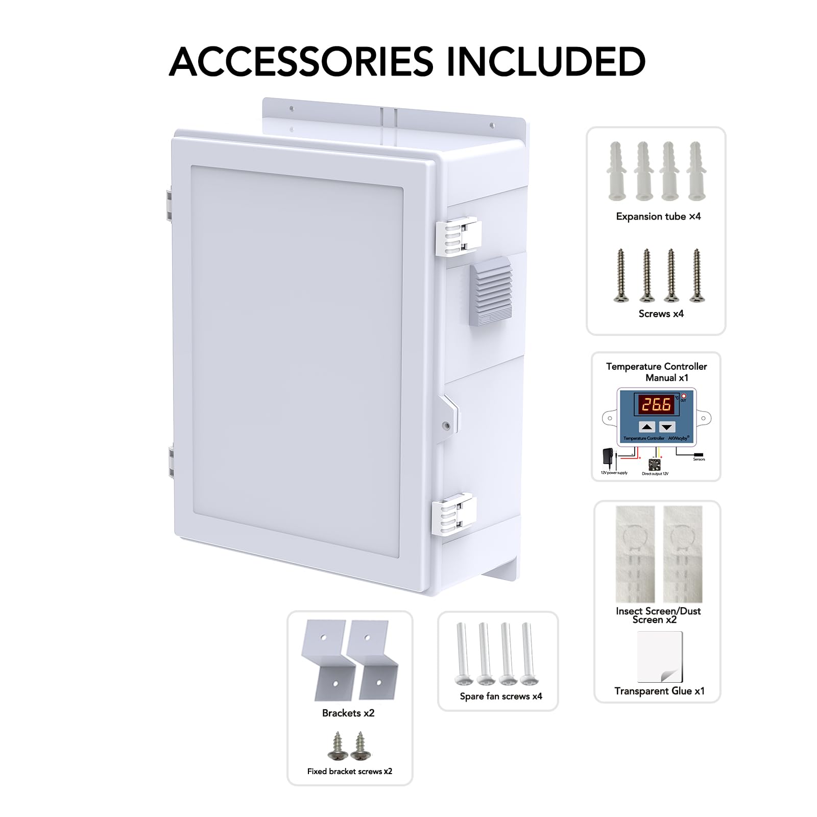 AKWscyby Outdoor Electrical Box, Junction Box with Fan & Thermostat & Power Adapter, Mounting Plate, Dust Screen, Mounting Brackets and Hinged Lid (18.1"Hx 12.5"L x 6.3"W)