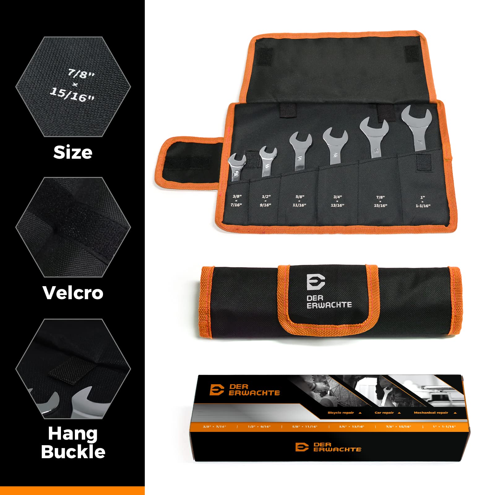 Der Erwachte Super-Thin Open End Wrench Set, SAE, 6-Piece, Including 3/8", 7/16", 1/2", 9/16", 5/8",11/16", 3/4", 13/16", 7/8", 15/16", 1", 1-1/16", Slim Wrench Set with Rolling Pouch