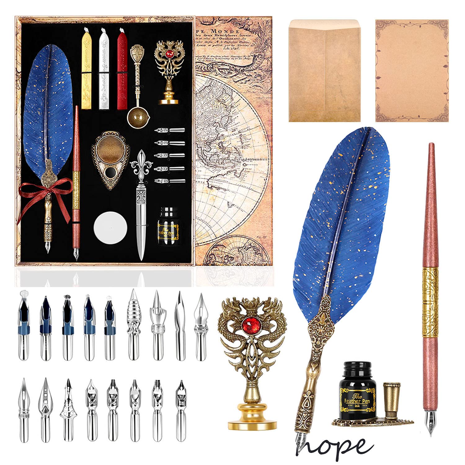 AIYNC Quill Pen Ink Set,Includes Feather Pen and wooden dip pen, Ink,17 Replacement Nib,Pen Nib Base,3 Wax Seal Sticks,Stamp,White Wax,Spoon, Envelope Letter Paper,envelope tool (Black)