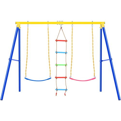 Kiriner Outdoor Toddler Swing Set for Backyard, Playground Swing Sets with Climbing Ladder, Swing and Climbing Playset for Kids Blue
