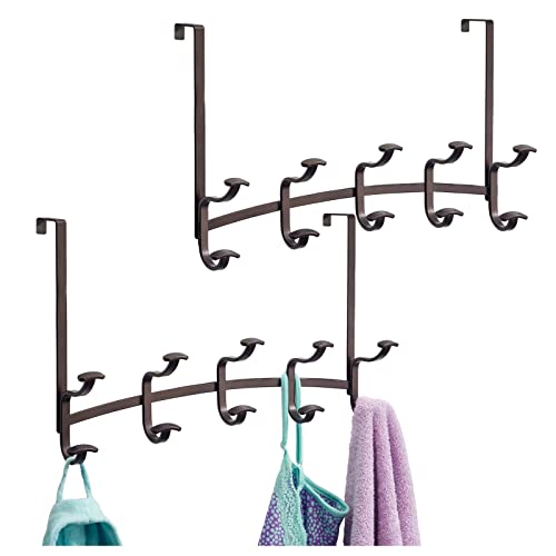 mDesign Decorative Metal Over Door 10 Hook Storage Organizer Rack for Coats, Hoodies, Hats, Scarves, Purses, Leashes, Bath Towels, Robes, Clothing - Hydra Collection - 2 Pack - Bronze