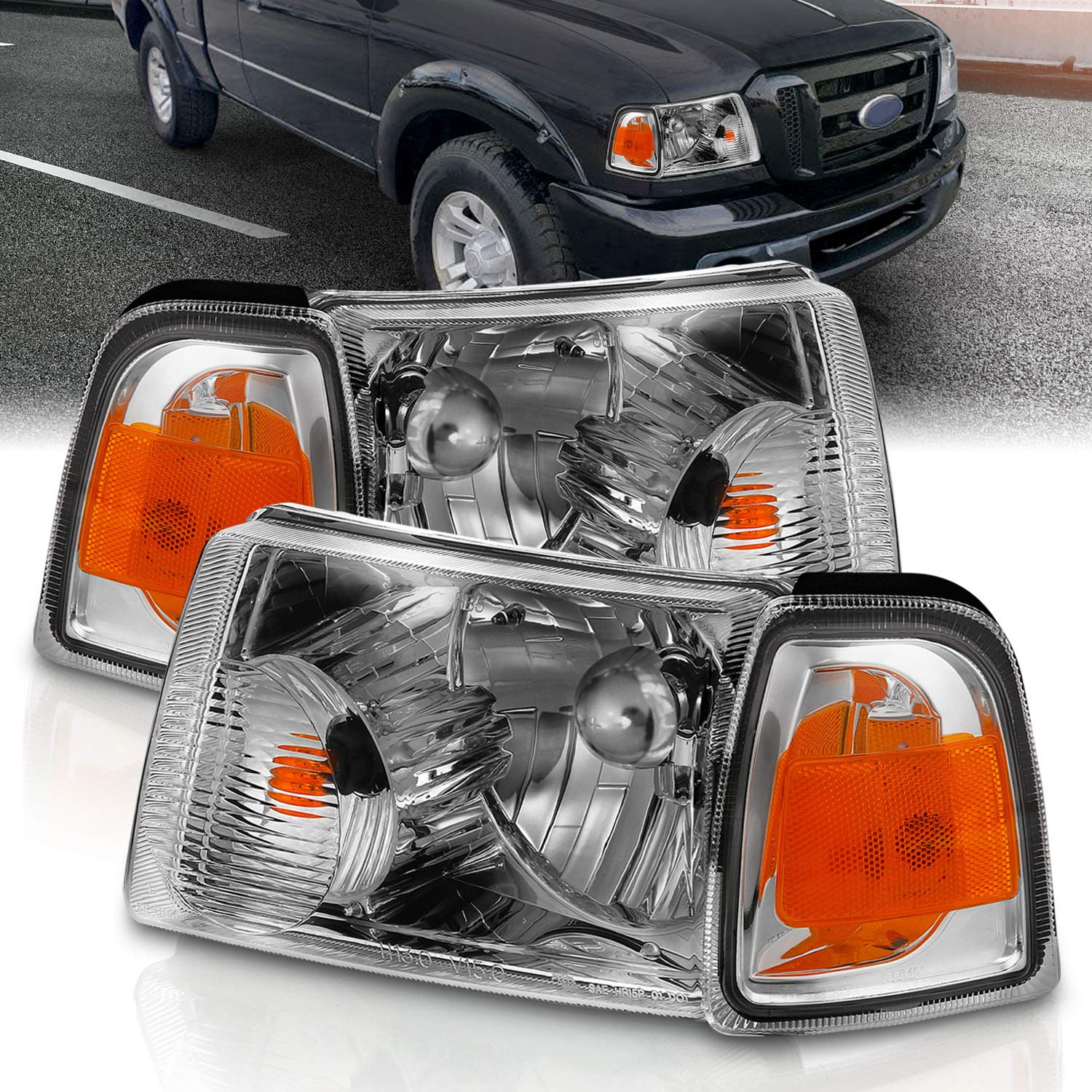 AmeriLite for 2001-2011 Ranger Pickup Truck Chrome Factory Style OE Fitment Replacement Headlights Assembly w/o Corner Lamp Pair - Driver and Passenger Side