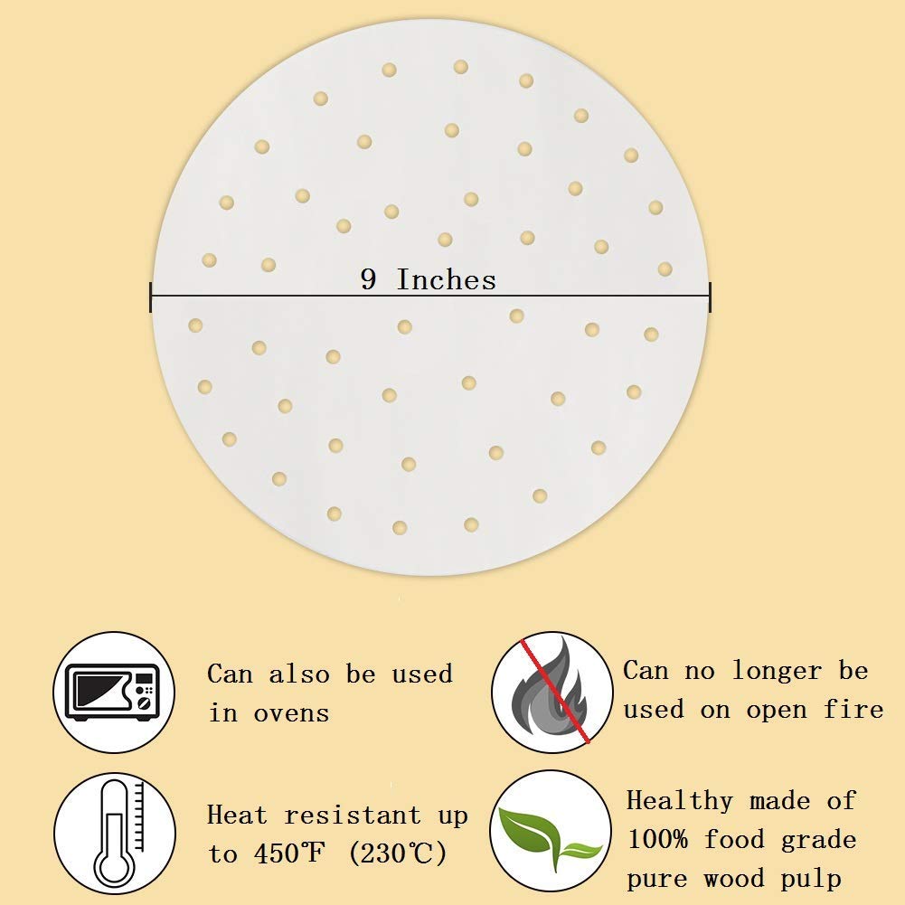 Air Fryer Liners - 7" 8.5" 9"10" Parchment Paper Bamboo Steamer liners Perforated Anti-stick Waterproof 100% Pure Raw Wood Pulp by EBIGIC