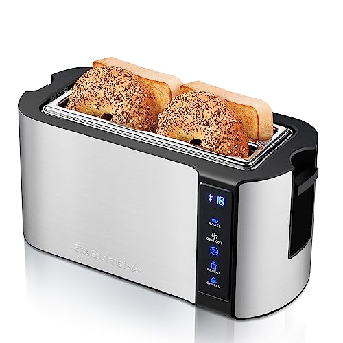 Elite Gourmet ECT5322 Long Slot 4 Slice Toaster, Countdown Timer, Bagel Function, 6 Toast Setting, Defrost, Cancel Function, Built-in Warming Rack, Extra Wide Slots for Bagels Waffles, Stainless Steel