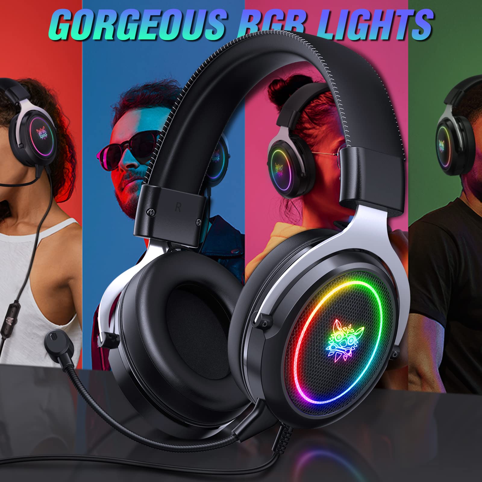 Ajsaki Gaming Headset for Playstation 5 - PC Headset with Detachable Mic RGB Light Over-Ear Gaming Headphones 7.1 Surround Sound Compatible with PS4 PS5 Xbox One (Silver)