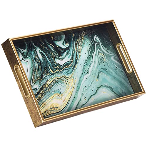 Decorative Coffee Table Tray, 15.7" x 9.8" Rectangle Breakfast Serving Tray with Handles, Unique Printed Glass Trays for Coffee Table, Ottoman(White and Green)