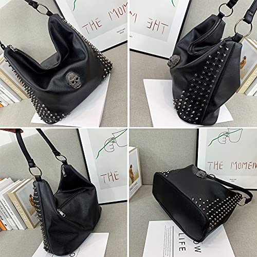 Downupdown Women Handbag PU Leather Shoulder Bag Skull Rivet Tote Bag Crossbody Bag with Long Shoulder Strap-Rivet