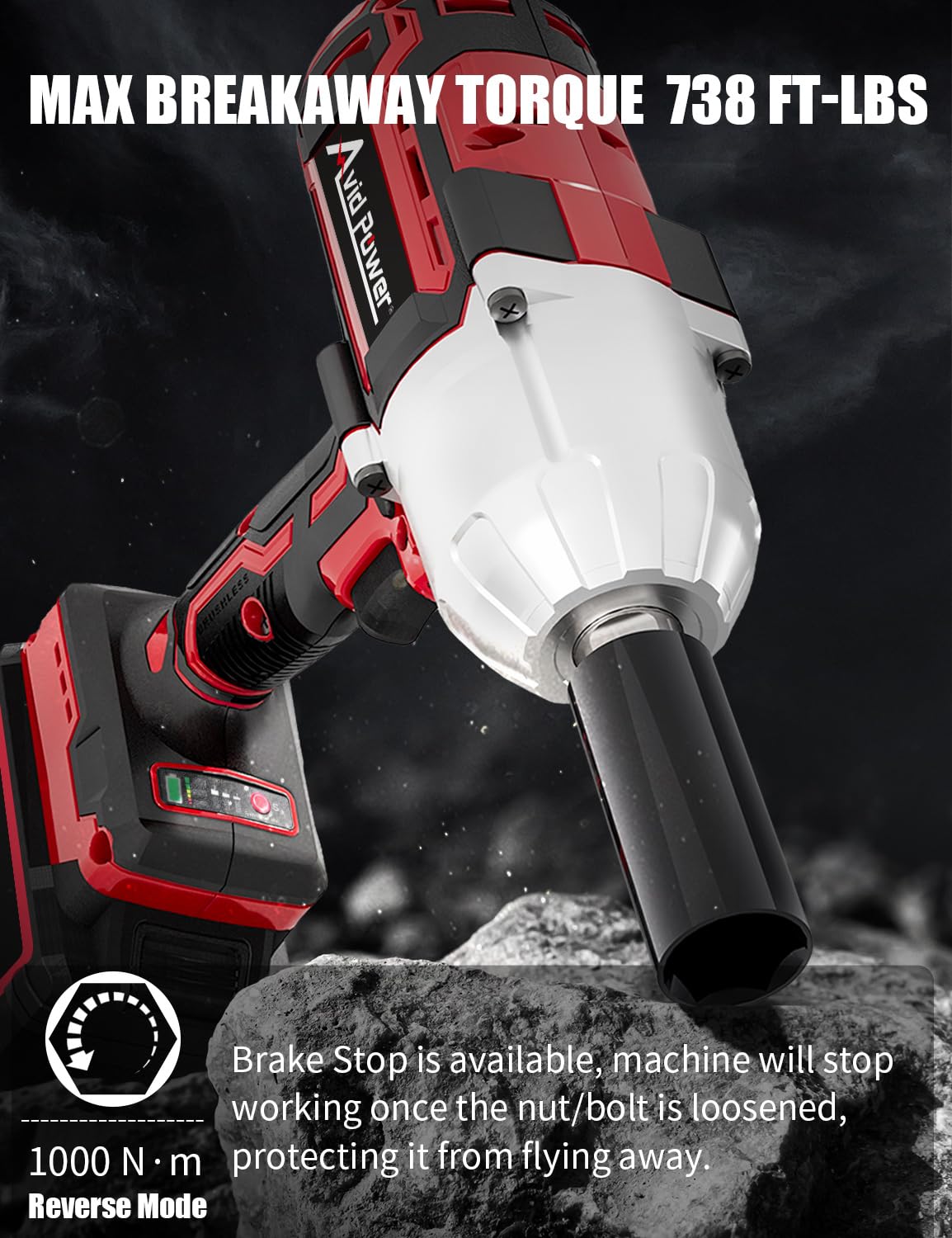 AVID POWER Brushless High Torque 1/2" Impact Wrench w/Max Torque 738ft-lbs (1000N.m), 20V Cordless Impact Gun w/ 4.0A Li-ion Battery, 4 Pcs Impact Sockets, Fast Charger