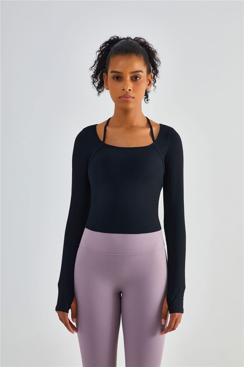 altiland Long Sleeve Workout Shirts for Women with Built in Bra, Fitted Athletic Running Crop Top Ribbed Tee Shirts(Black,M)