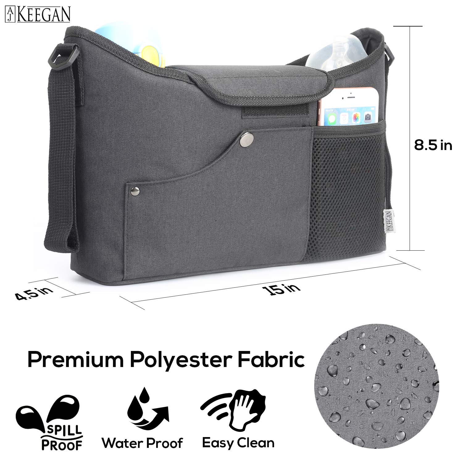 AJ KEEGAN Universal Baby Stroller Organizer with Cup Holders - The Only Stroller Accessory You Need - Universal Stroller Organizer Bag Includes Shoulder Strap & Stroller Hook - for Baby Shower Gifts