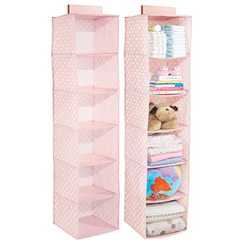mDesign Fabric Hanging Organizer - Over Closet Rod Storage with 6 Shelves for Baby Nursery Bedroom Organization - Hold Clothes, Linens, Toys, Accessories - 2 Pack, Pink/White Polka Dot