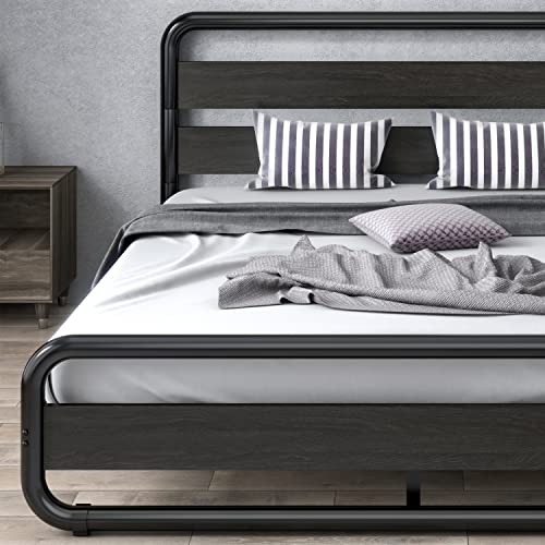 SHA CERLIN King Size Platform Bed Frame with Wooden Headboard and Footboard, Heavy Duty Metal Bed Frame with 10" Under-Bed Storage, Noise-Free, No Box Spring Needed, Black