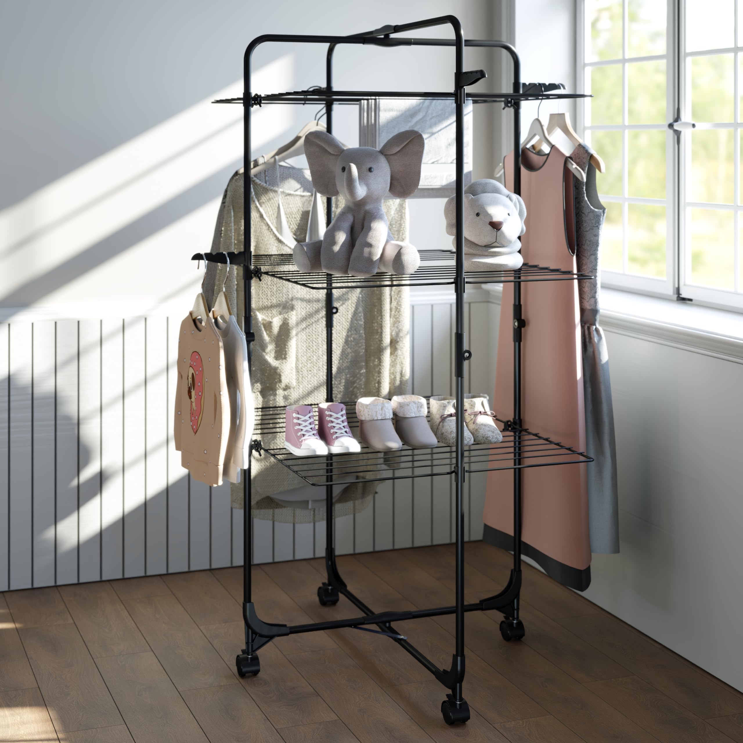 APEXCHASER Clothes Drying Rack, 3-Tier Collapsible Laundry Rack Stand Garment Drying Station with Wheels and 4 Hooks, Indoor-Outdoor Use, for for Bed Linen, Clothing, Socks, Black