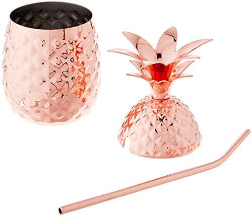 Oggi Stainless Steel Pineapple Cup with Straw & Lid- 12oz Copper Plated Metal Pineapple, Bar Accessories for Summer, Cocktail Cups Make Great Drinking Gifts