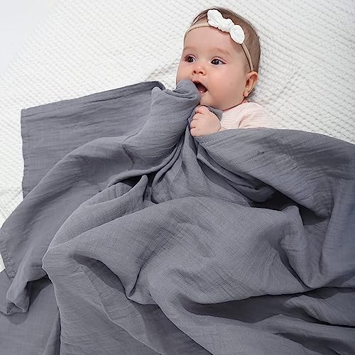 BabyWhale Muslin Swaddle Blanket, Boho Brown Rainbow Pattern Swaddle and Solid Color Swaddle for Newborn Baby Boys & Girls, Unisex Silky Soft Breathable Receiving Swaddle Wrap, 47x47 inches, 2 Pack