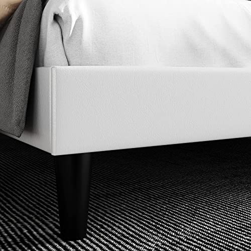 SHA CERLIN King Size Bed Frame with Button Tufted Headboard, Faux Leather Upholstered Mattress Foundation, Platform Bed Frame, Wooden Slat Support, No Box Spring Needed, White
