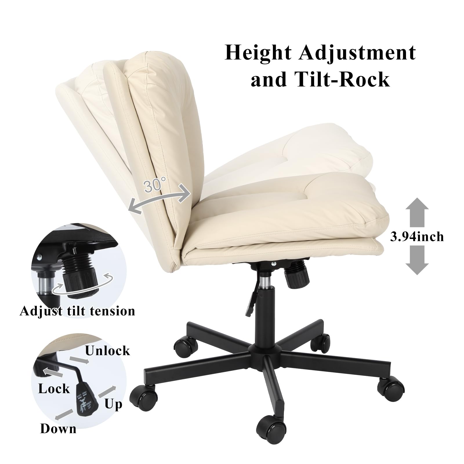 borinlan Armless Office Desk Chair with Wheels, PU Leather, Cross-Legged Wide Seat, Thickened Cushion, Adjustable Swivel, for Home/Office/Bedroom (with Wheels)
