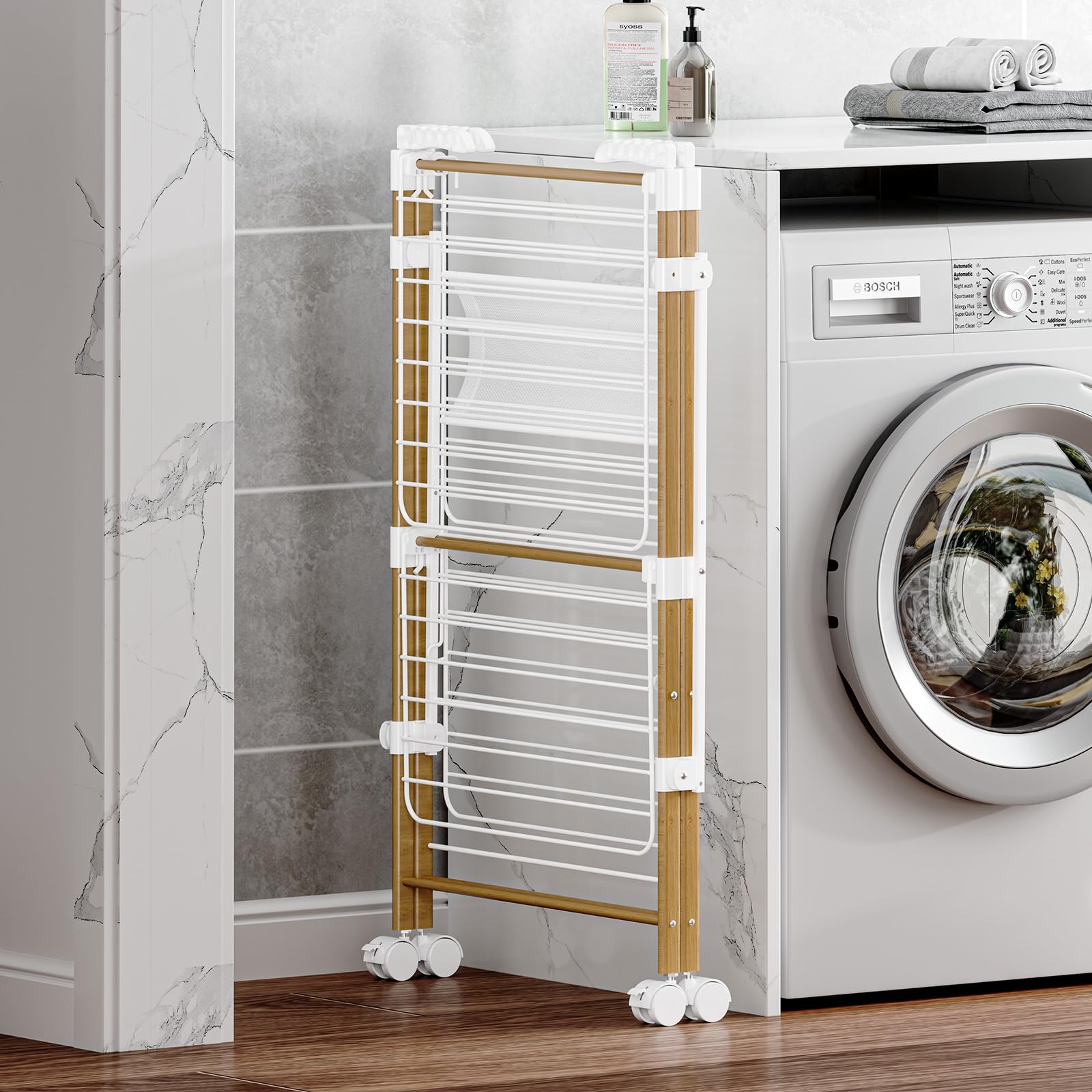 APEXCHASER Collapsible Drying Racks for Laundry, Metal Drying Rack Clothing with Wheels, Foldable 4-Wings Drying Rack for Home, Balcony, Apartments, Wooden Look