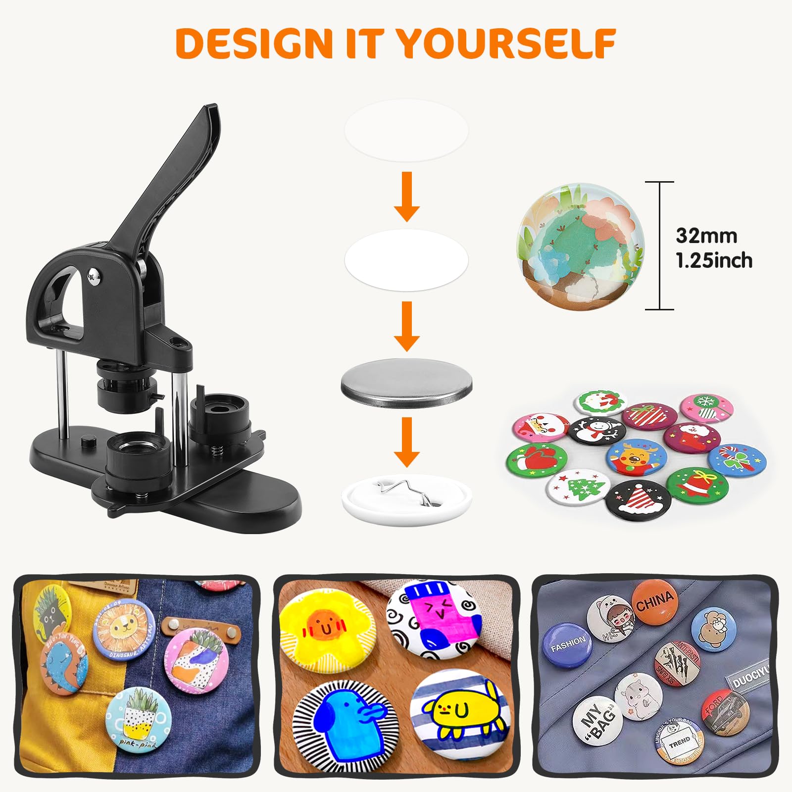Aiment 1+1.25+2.25 inch Button Maker Machine - Free Button Badge Maker Press with 600Pcs Button Parts for Festival Gift (Black, 25/32/58mm)