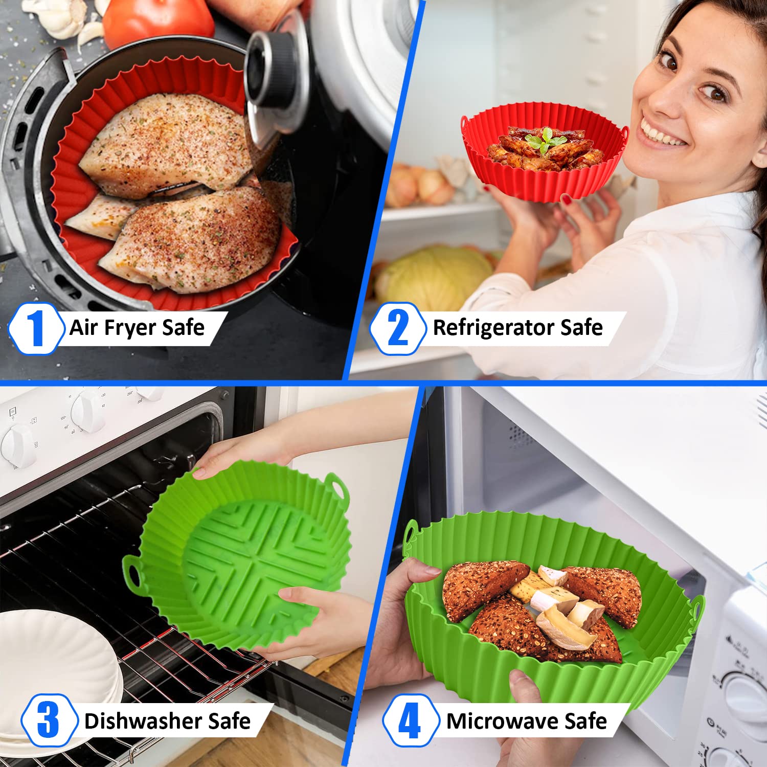 Air Fryer Liners with Oven Mitts and Pastry Brush β 7.5 x 7.5 x 2.5 Inches Reusable Air Fryer Liners Silicone Set with Basting Brush and Oven Gloves β Durable Silicone Material