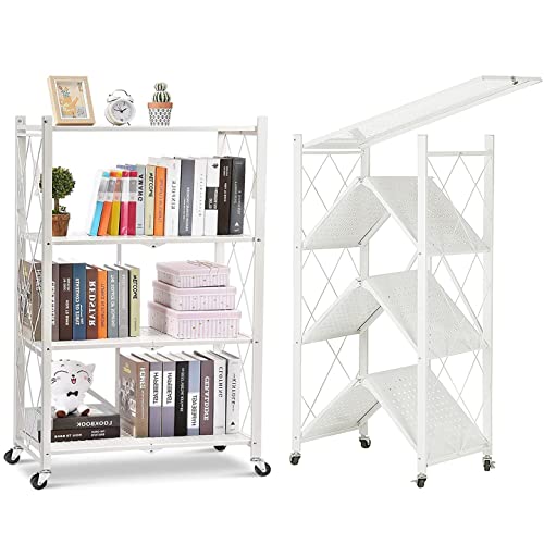 ShanSon Storage Shelves with Wheels 4 Tier Heavy Duty Foldable Metal Rack Storage Shelving Units for Garage Kitchen，White