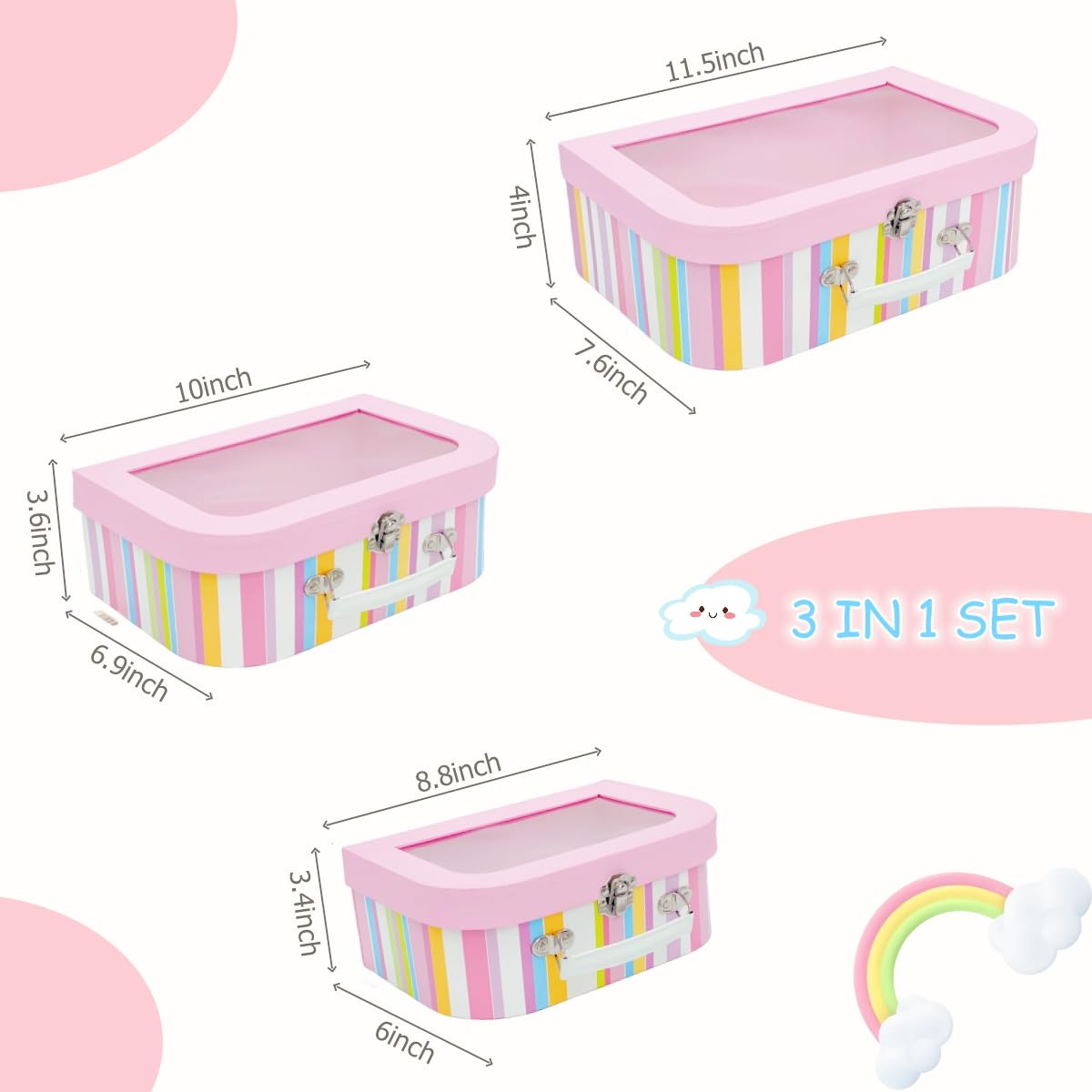 Amedoo Paperboard Suitcases Set of 3 Decorative Storage Boxes, Nesting Gift Boxes with Clear Lids, Mini Suitcases, Cute Boxes be Compatible with Barbie Doll Clothes Toys New Year Decor(Rainbow)