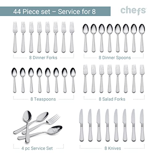 Chefs 18/10 Stainless Steel 44pc Flatware Set, Service for 8, Harlow