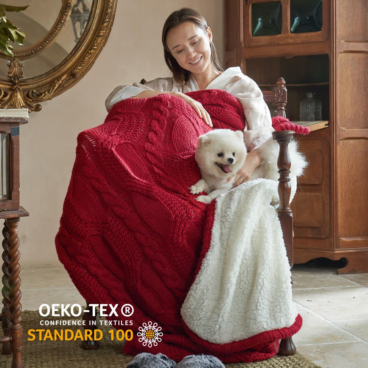 Amélie Home Reversible Sherpa Cable Knit Throw Blanket Soft Cozy Warm Winter Fleece Throw Blankets for Couch Bed Living Room, Christmas Red, 50x70