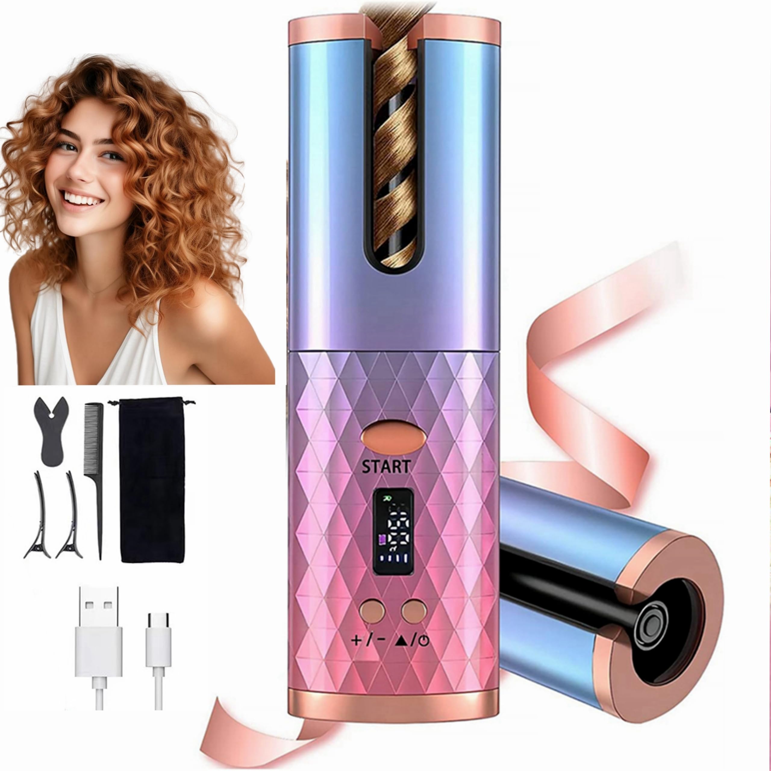 AGRATU Automatic Curling Iron Wireless Auto Rotat Ceramic Hair Curler Cordless Automatic Hair Curler with LCD Display 6 Temps and Timers USB Charging Auto Shut-Off Create Stunning Curls
