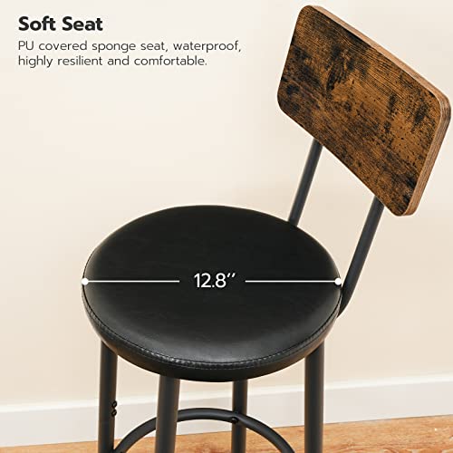 HOOBRO Bar Stools with Backrest, Set of 2 Bar Chairs, Counter Stools with PU Upholstery, Breakfast Stools with Footrest, for Kitchen, Living Room, Bar, Rustic Brown and Black BF31BY01