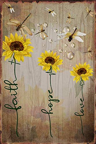 Dragonfly Sunflower Faith Hope Love Street Garage Tin Sign Retro Kitchen Garden Restaurant Party Farm People Cave Farm Wall Decoration Iron Painting Metal Plate 8x12inch
