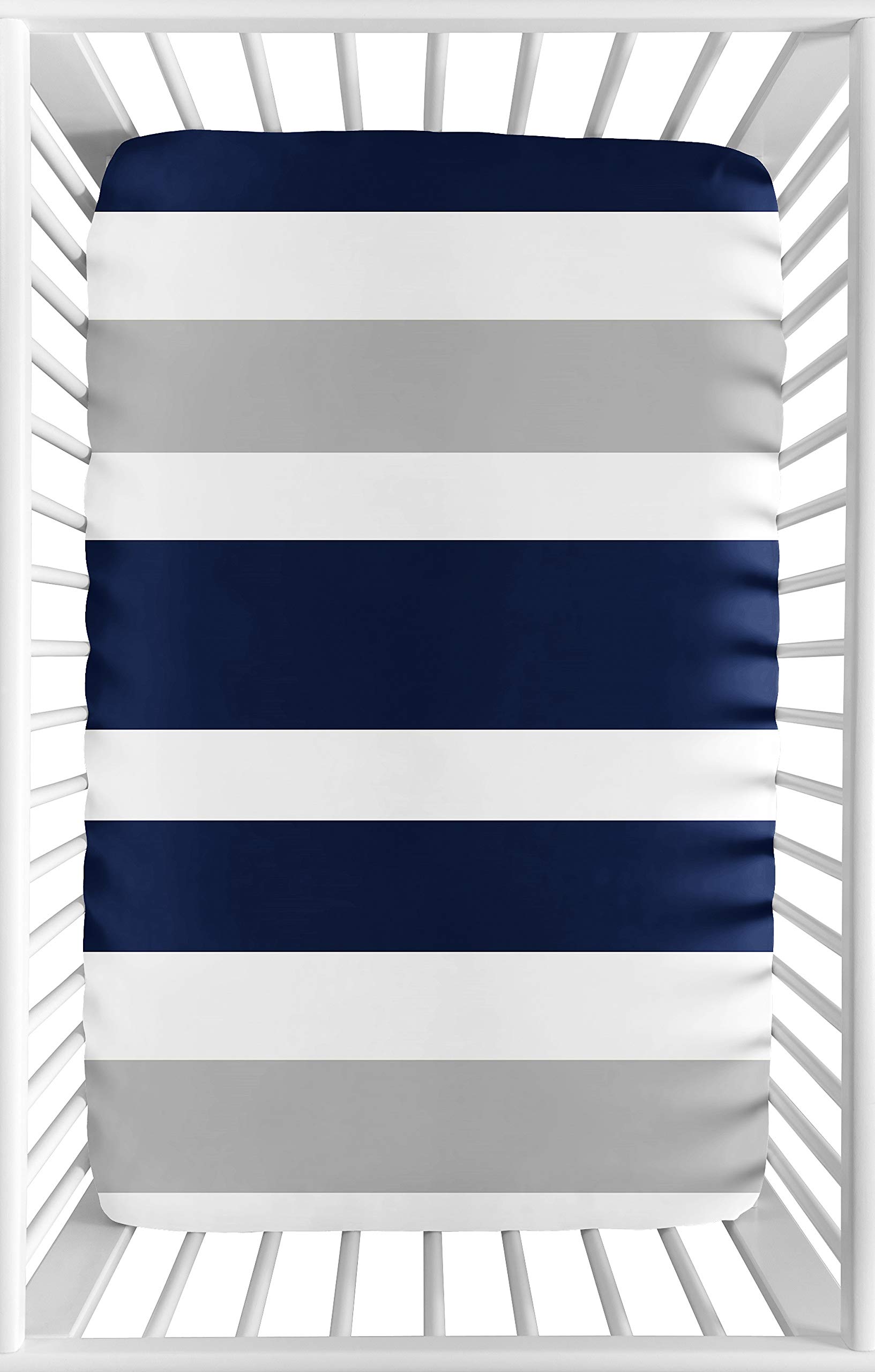 Sweet Jojo Designs Navy Blue and Grey Baby Boy Fitted Mini Portable Crib Sheet for Stripe Collection - for Mini Crib or Pack and Play ONLY