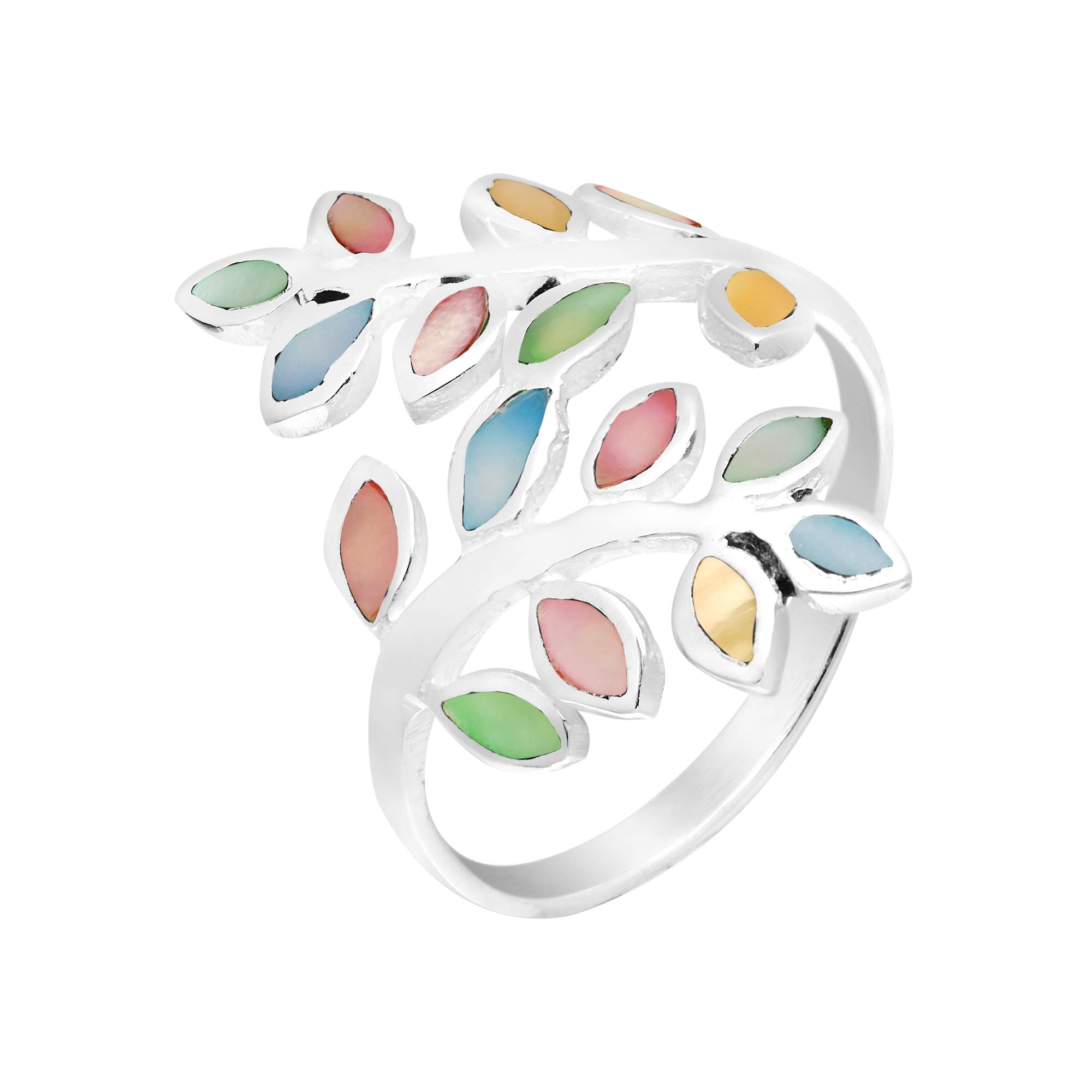 AeraVida Peaceful Olive Branch Sterling Silver Multi Colored Mother of Pearl Inlay Wrap Ring (9)