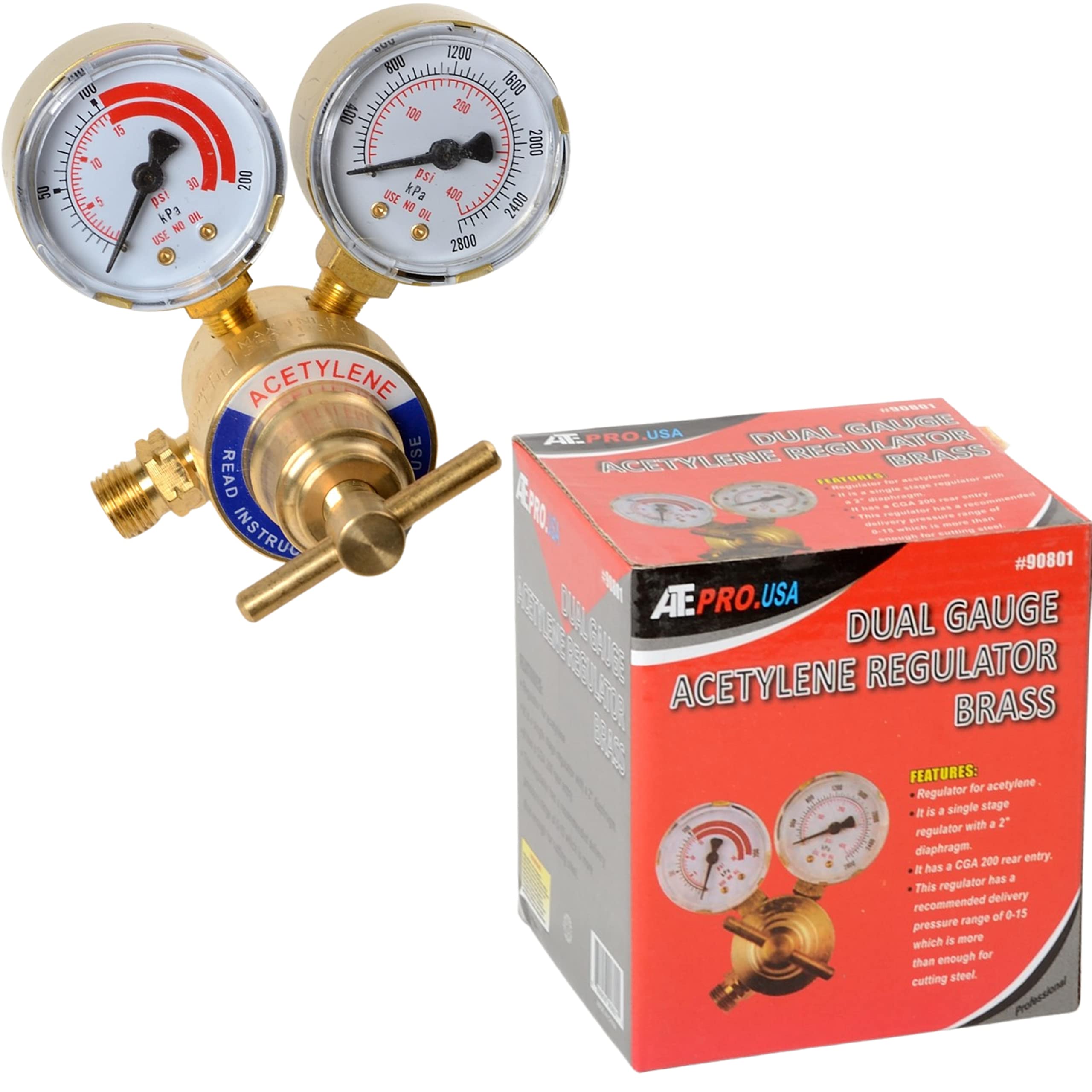 ATE Pro. USA -Dual Gauge Acetylene Brass Regulator and Dual Gauge Oxygen Brass Regulator Combo, Gauges for Victor Gas Torch Cutting Welder Kit