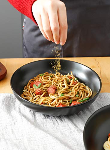 Teocera Pasta Bowls, Large Salad Bowls, Porcelain Bowl Set, Wide and Shallow, Microwave and Dishwasher Safe, 35 Ounce - Set of 4, Matte Black