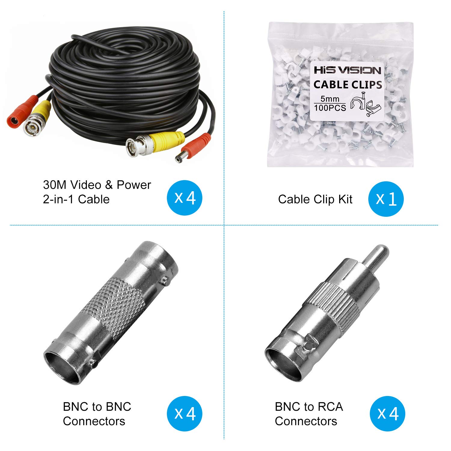HISVISION 4 Pack 100ft BNC Video Power Cable, Security Camera Wire Cord Extension Cable, 8pcs BNC Connectors and 100pcs Clips for Surveillance System