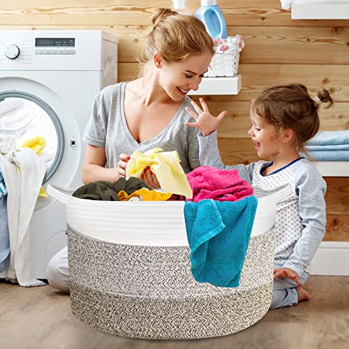 Large Woven Cotton Rope Basket - 22" x22"x 14", Baby Laundry Basket, Blanket Basket, Storage Baskets, Home Organizing Bins and Nursery Decor with Handle for Blankets, Toys, Clothes(White & Brown)