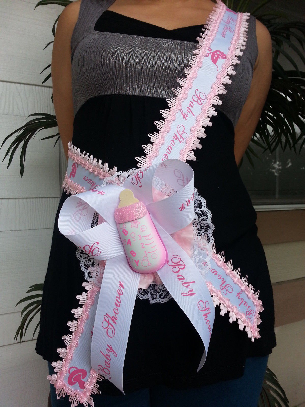 Welcome Baby Shower Mom To Be It's a Girl Sash Pink Bottle Ribbon and Corsage