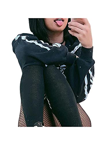 Chloefairy Women's Skeleton Print Crop Top Gothic Punk Hoodies Bandage Casual Pullover Long Sleeve Relaxed Fit Sweatshirts (Black, Small)