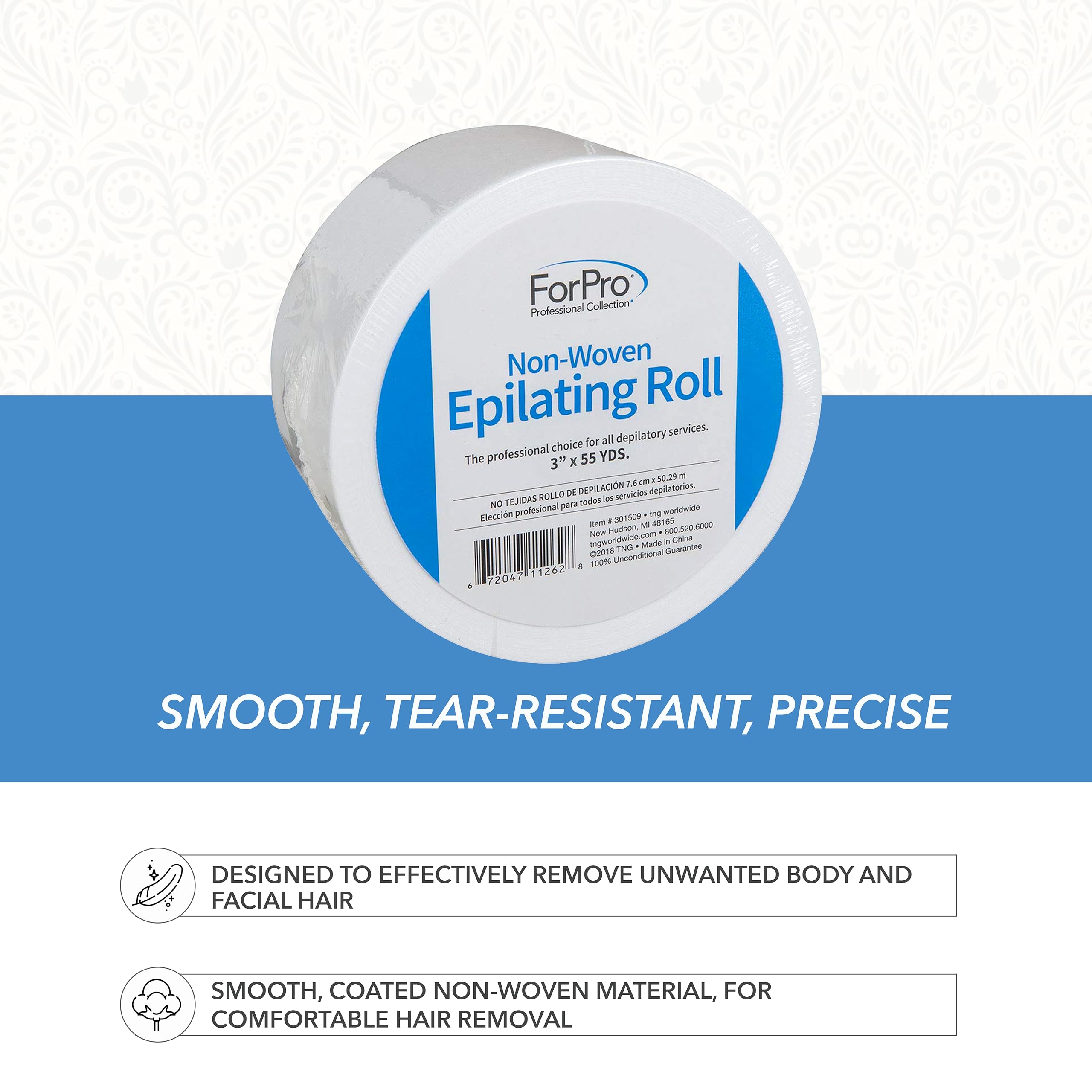 ForPro Non-Woven Epilating Roll for Body and Facial Hair Removal, Tear-Resistant, Lint-Free, 3β x 55 Yards, White