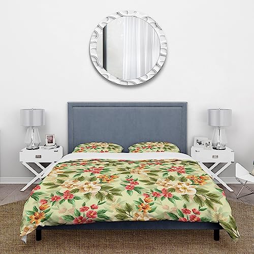 DESIGN ART Designart 'Pink White and Red Flowers and Leaves On Beige Background.' Traditional Duvet Cover Set King