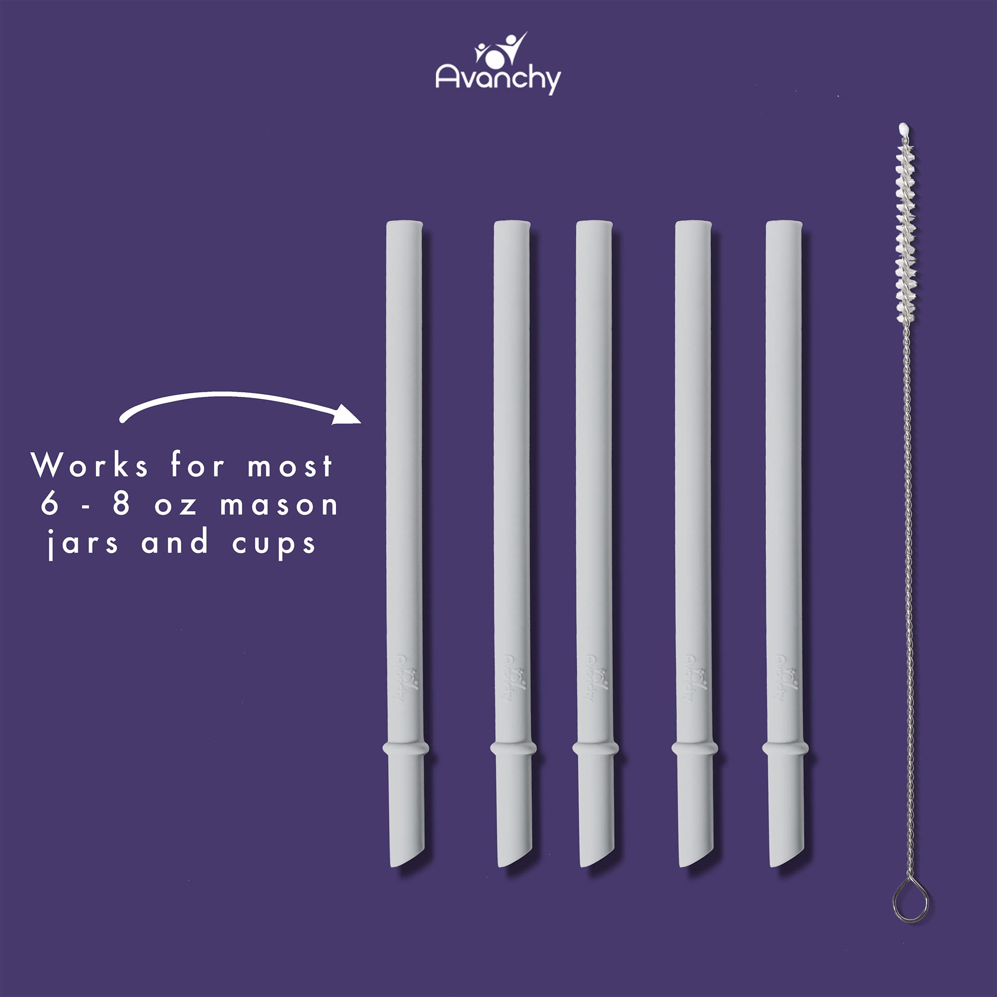 Avanchy Reusable Silicone Straws for Toddlers & Kids - 5 pcs Flexible Short Drink 5" Straws, BPA free, Baby Cup-Flexible Safe Fun Cute Thin for Chewing with Bendable Brush (White)
