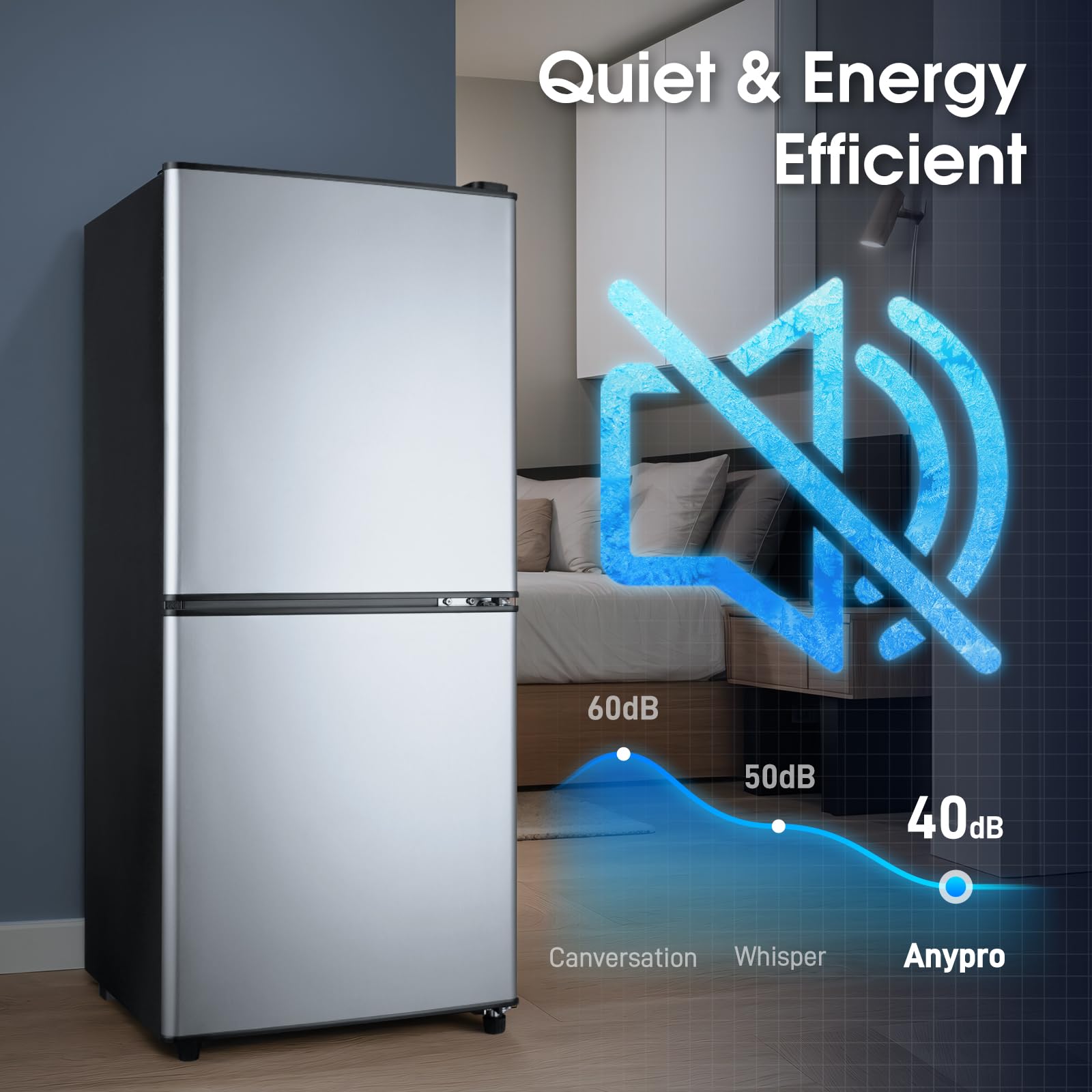 Anypro 3.8 Cu.Ft Mini Fridge with Bottom Freezer, 2 Door Small Refrigerator with Freezer, Small Fridge with 7 Adjustable Temperature Settings, Compact Refrigerator for Bedroom, Dorm, Office, Apartment