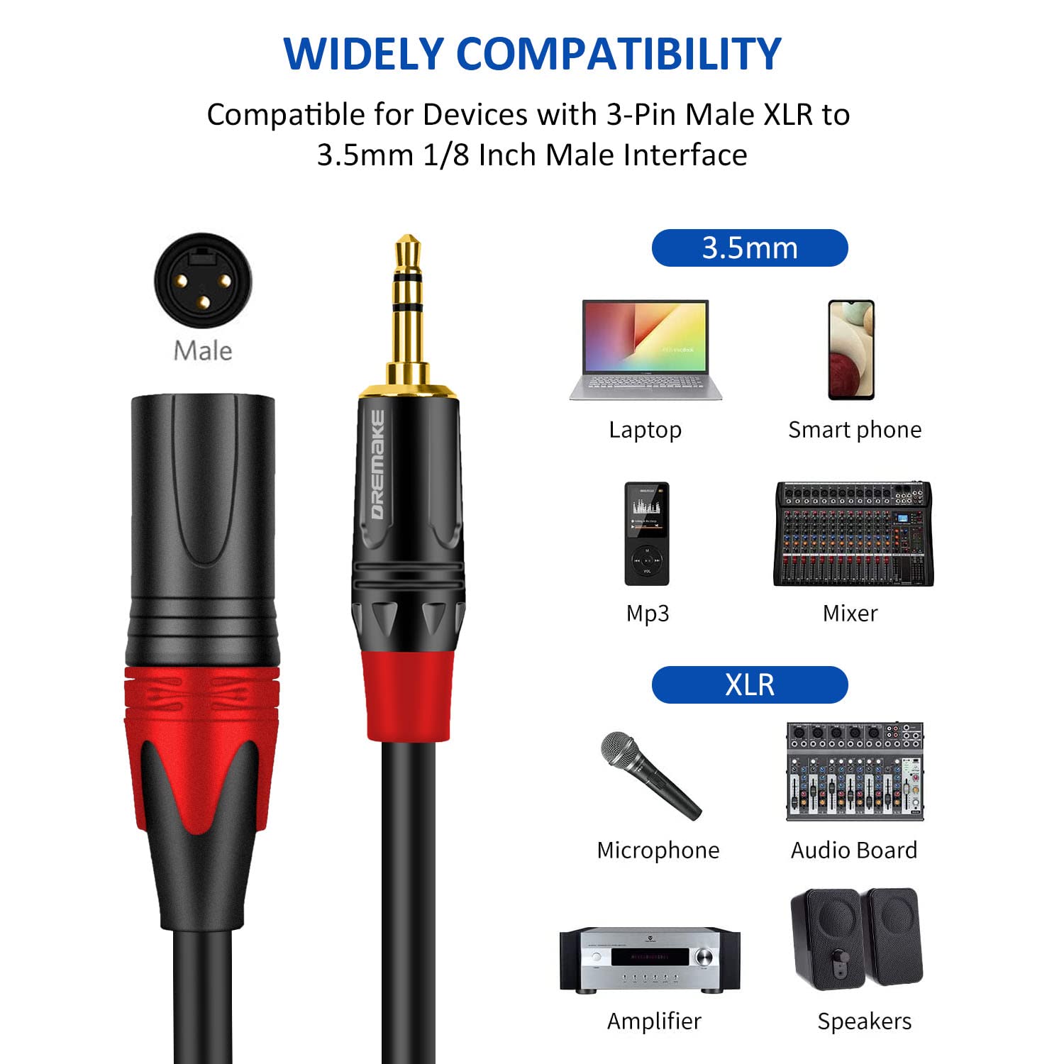 DREMAKE Male XLR to 3.5mm Audio Stereo Cable 6FT, Unbalanced 3.5mm to 3-Pin XLR Male Microphone Cable, Jack 3.5mm 1/8'' to XLR Patch Cable for Computer, Video Camera, Equalizer, Powered Amplifier
