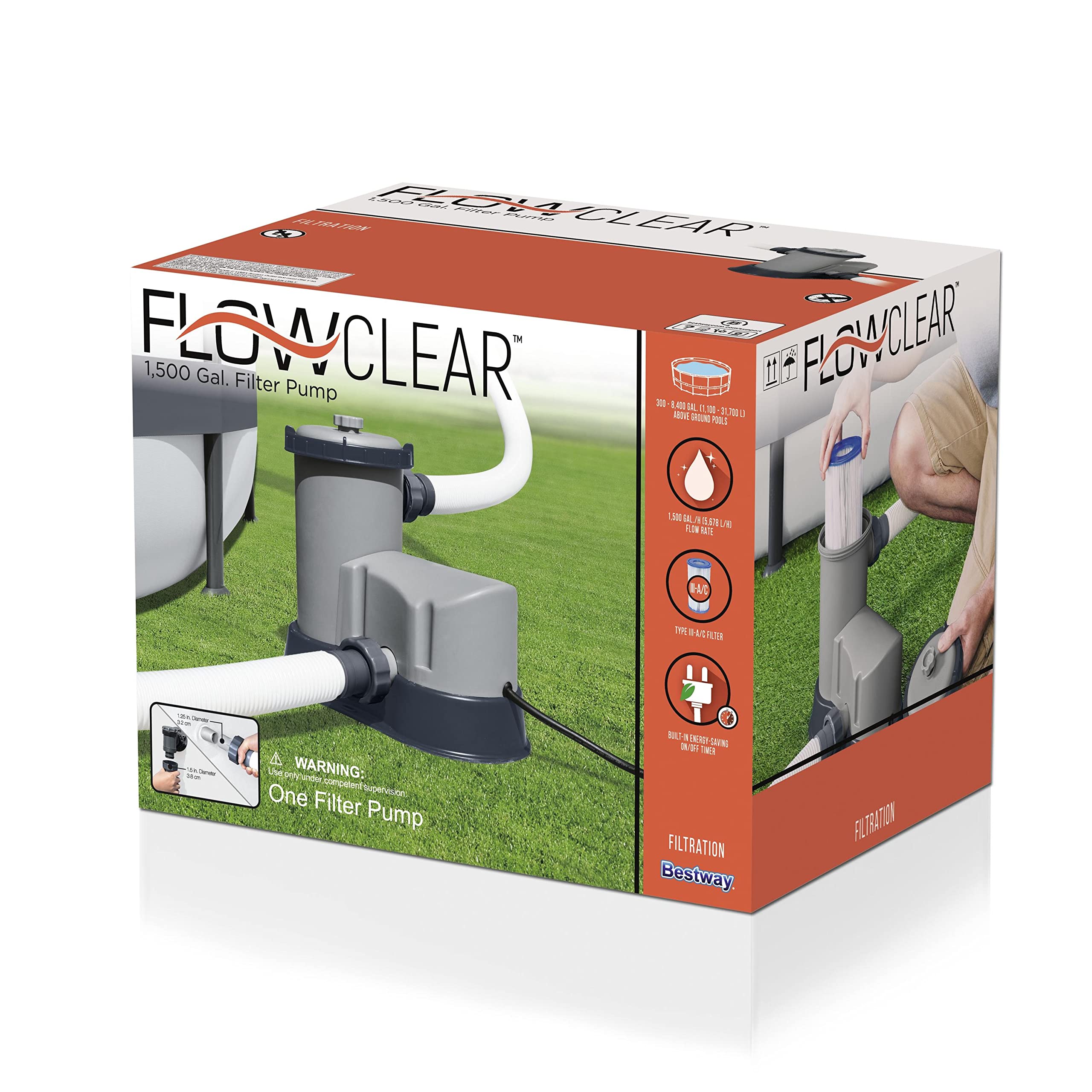 Bestway 58390E Flowclear 1500 GPH Filter Pump for 300 to 8,400 Gallon Above Ground Swimming Pool with Adaptors and Energy Saving Plug