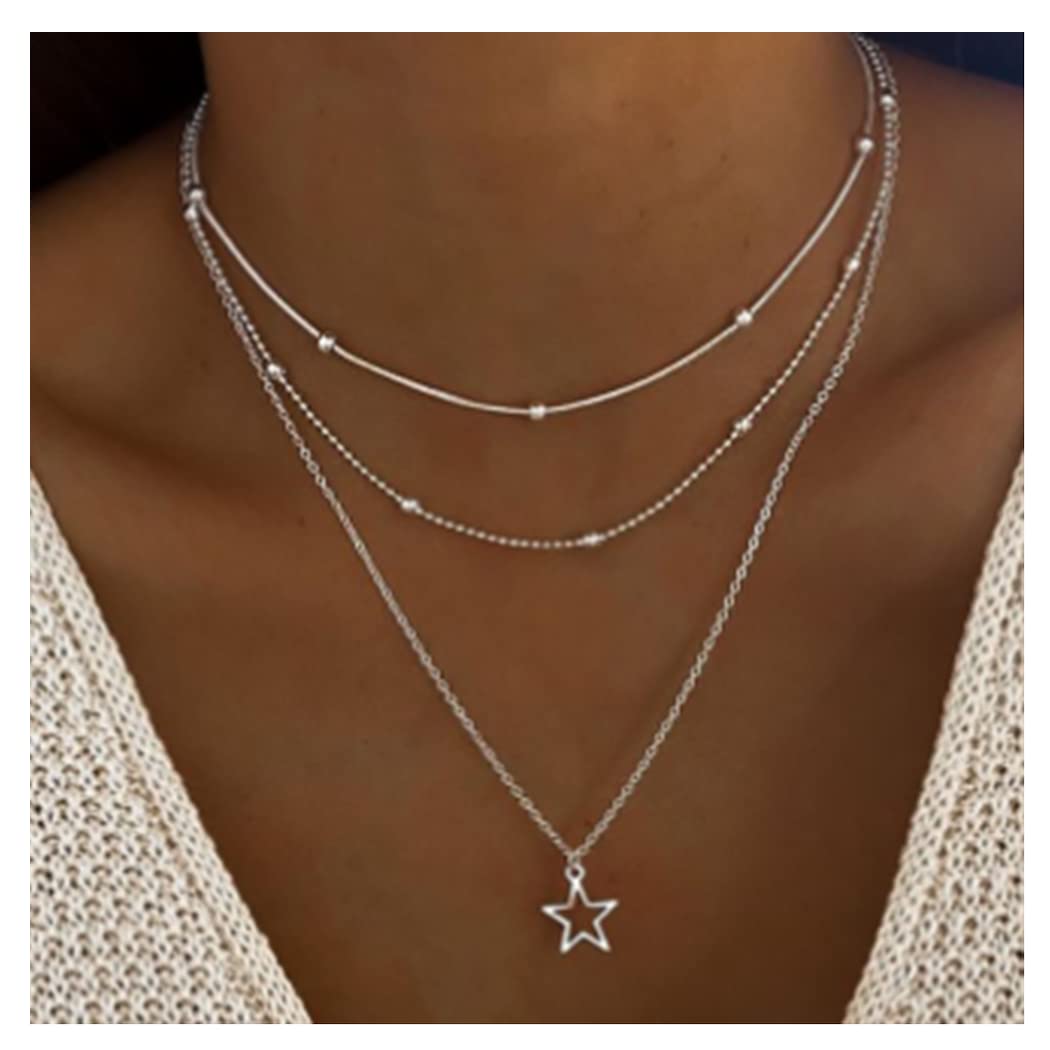 Aluinn Silver Star Layered Necklace Boho Choker Necklaces Chain Jewelry Layering for Women