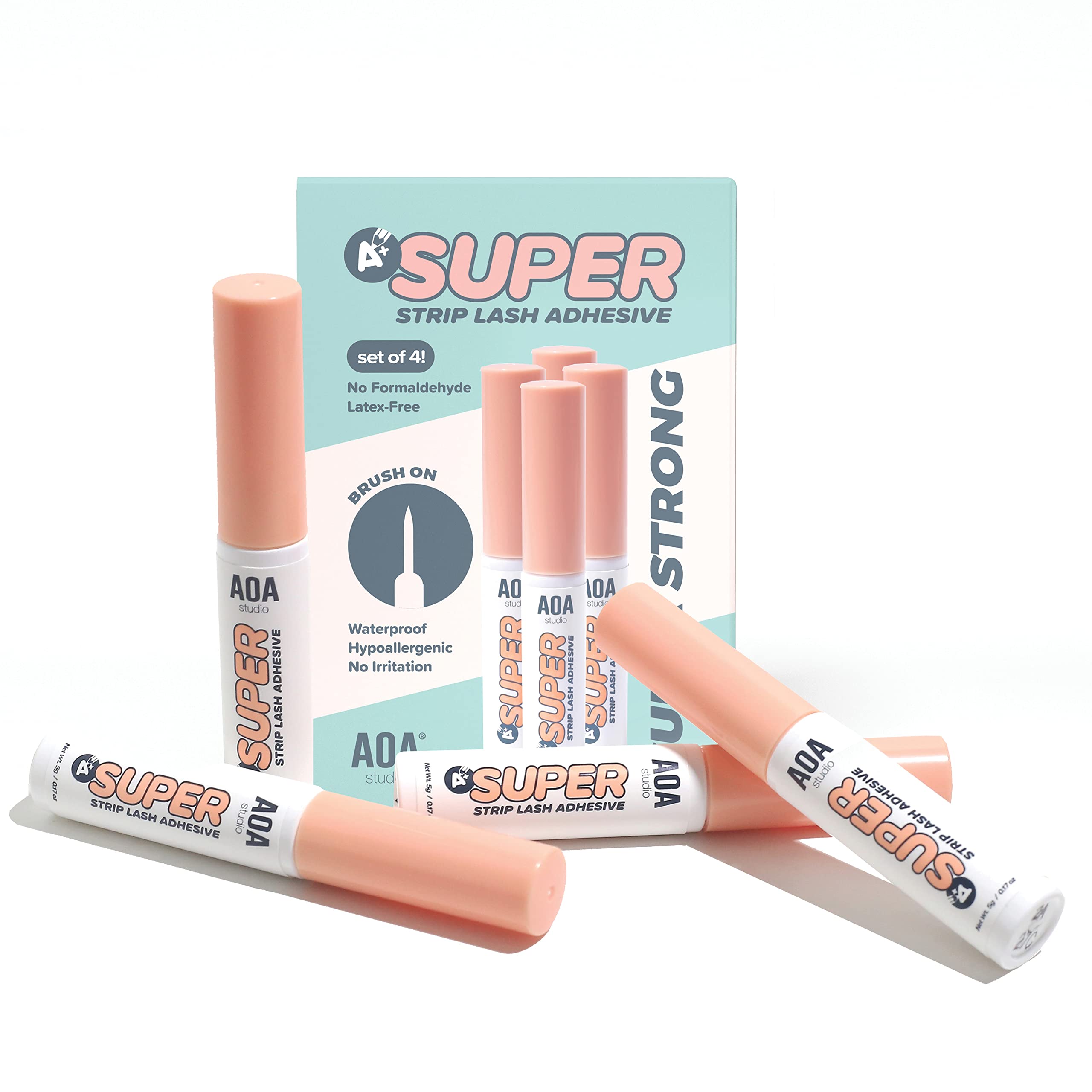 AOA Studio Eyelash Lash Glue Enhancers 4pcs Strip Lash Adhesive Strong Hold Water Proof Formula No Irritation Latex Free Long Lasing Quick Dry Eyelash adhesive 0.17oz Each (4 Pack) (Clear)