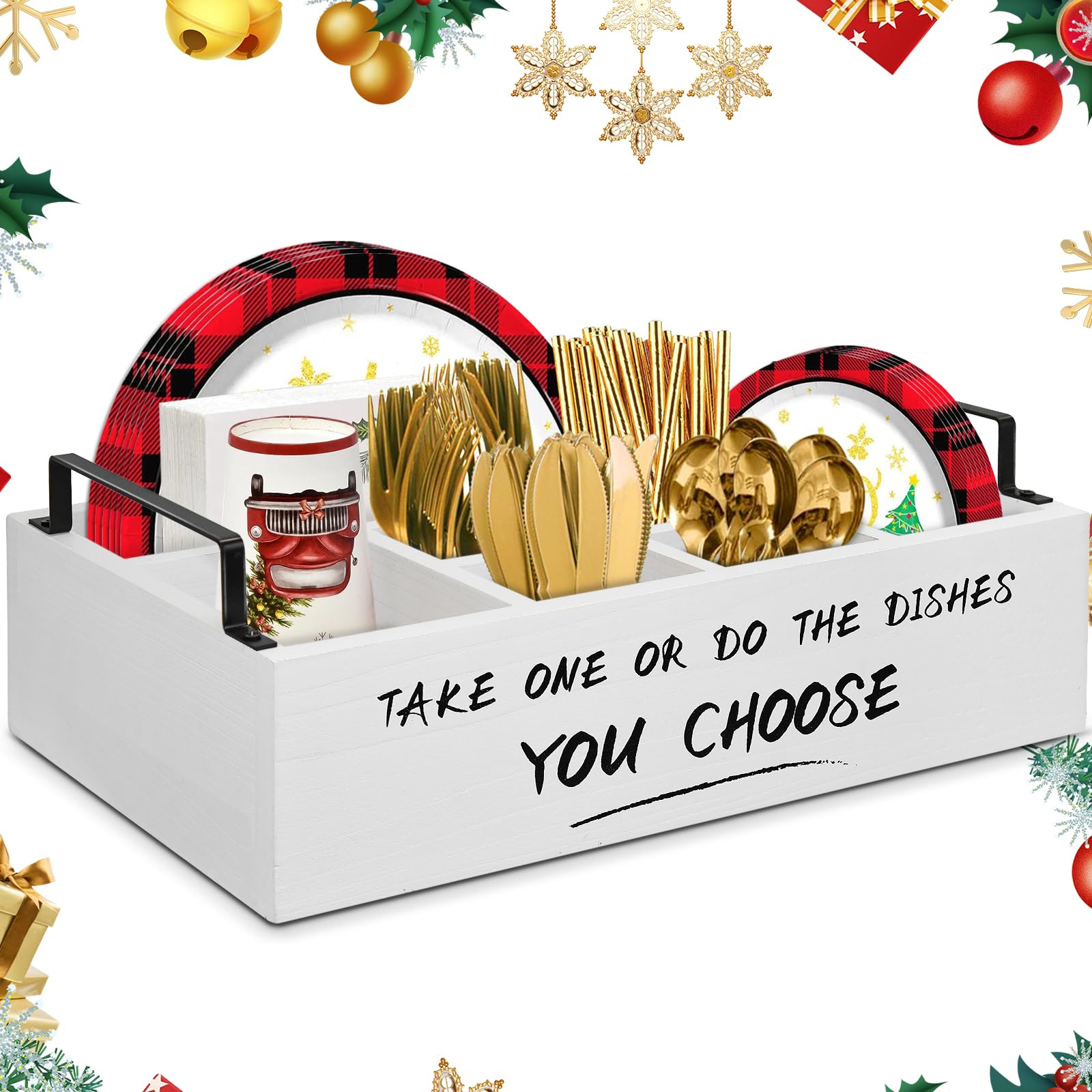 Ameuphercy Wood Utensil Holder for Kitchen Counter - Organizer for Plates, Cups, Forks, Spoons, Napkins - Dispenser and Dish Holder for Weddings, BBQs